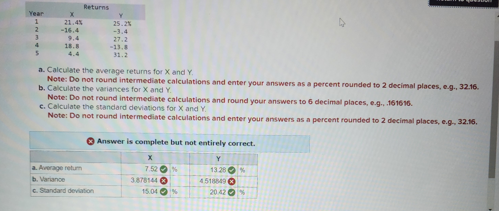 Solved \table[[Returns],[Year,x,Yalready calculated standard | Chegg.com