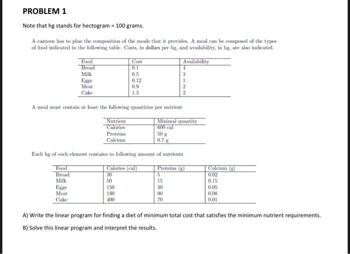 Solved PROBLEM 1 Note that hg stands for hectogram = 100 | Chegg.com