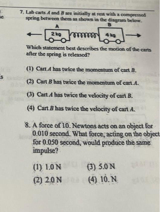 Solved 7. Lab carts A and B are initially at rest with a | Chegg.com