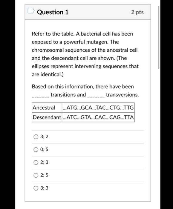 Solved Question 1 2 pts Refer to the table. A bacterial cell | Chegg.com