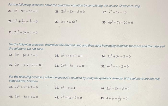 Solved For the following exercises, solve the quadratic | Chegg.com