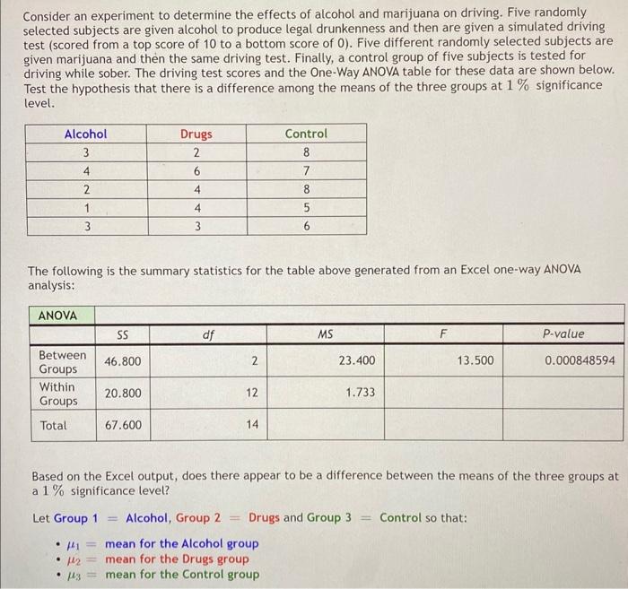 Solved Consider an experiment to determine the effects of | Chegg.com