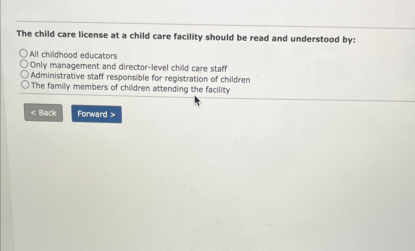 Solved The child care license at a child care facility | Chegg.com