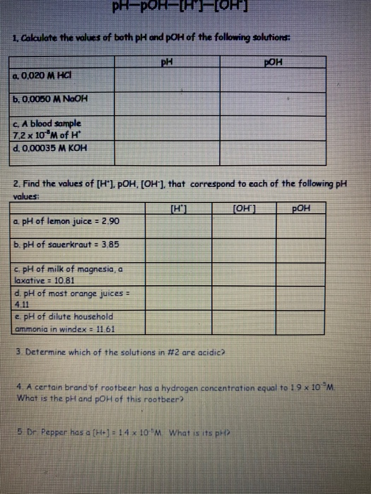 Solved pH-POH-HOHT 1. Calculate the values of both pH and | Chegg.com