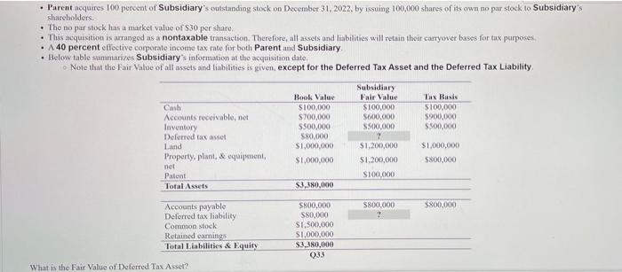 Solved - Parent acquires 100 percent of Subsidiary's | Chegg.com