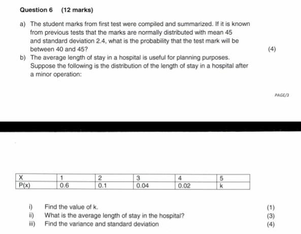 Solved Question 6 (12 marks) a) The student marks from first | Chegg.com