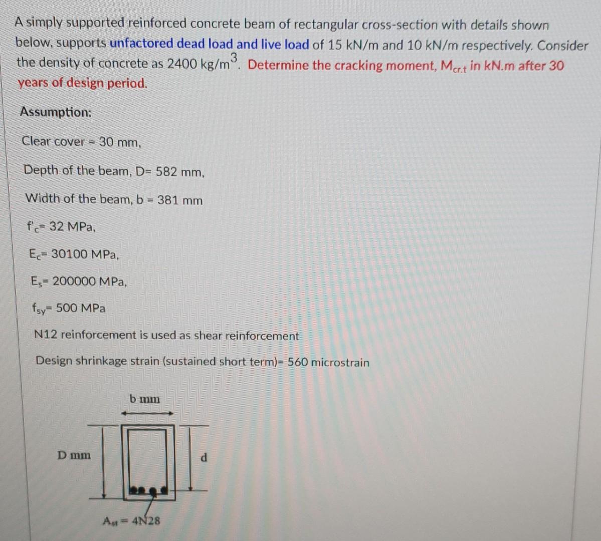 Solved A simply supported reinforced concrete beam of | Chegg.com