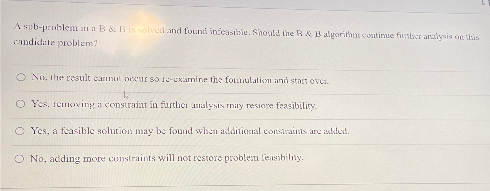 Solved A sub-problem in a B & B is solved and found | Chegg.com