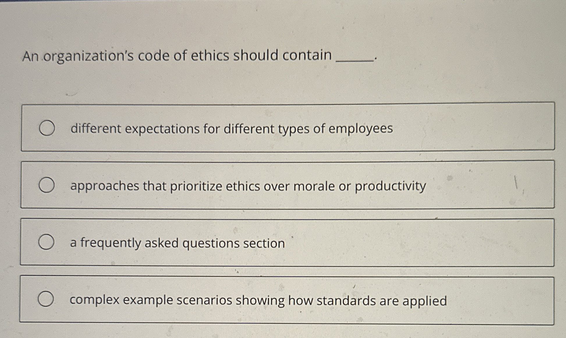 Solved An organization's code of ethics should contain | Chegg.com