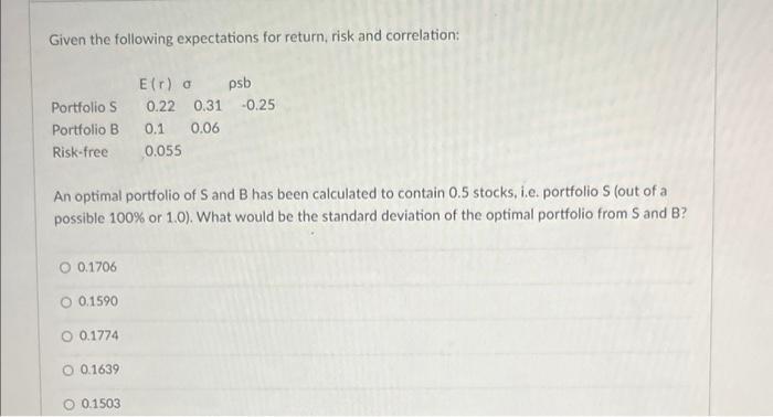 [Solved]: Given the following expectations for return, risk