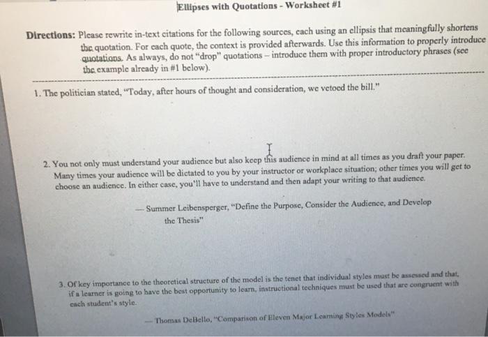 Ellipses with Quotations - Worksheet #1 Directions: | Chegg.com