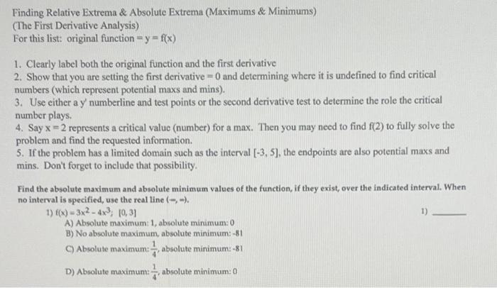Solved Finding Relative Extrema \& Absolute Extrema | Chegg.com