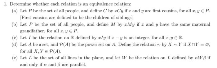 Solved 1. Determine whether each relation is an equivalence | Chegg.com