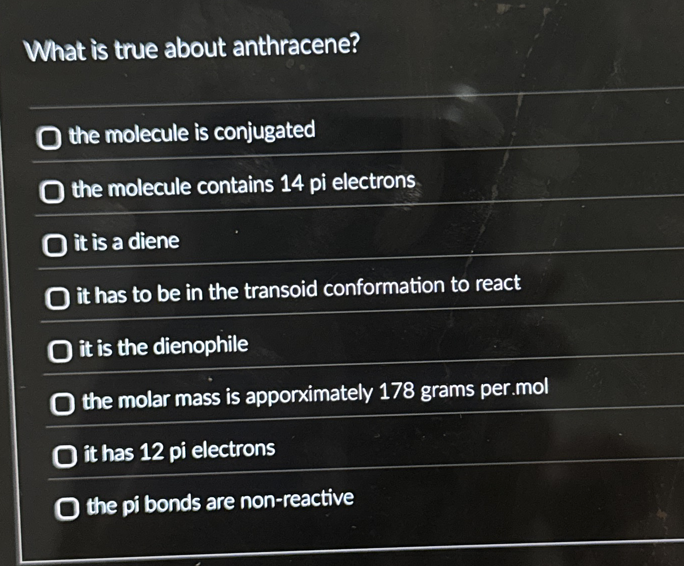 Solved What is true about anthracene?the molecule is | Chegg.com