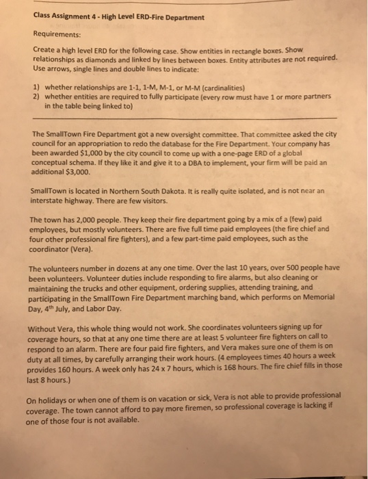 Class Assignment 4 - High Level ERD-Fire Department | Chegg.com