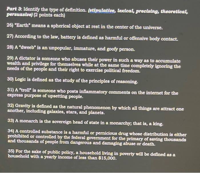 Solved Part 3: Identify the type of definition. | Chegg.com