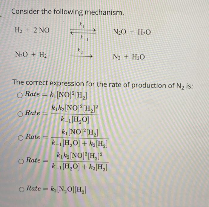 Solved Consider the following mechanism. ki H2 + 2 NO N20 + | Chegg.com