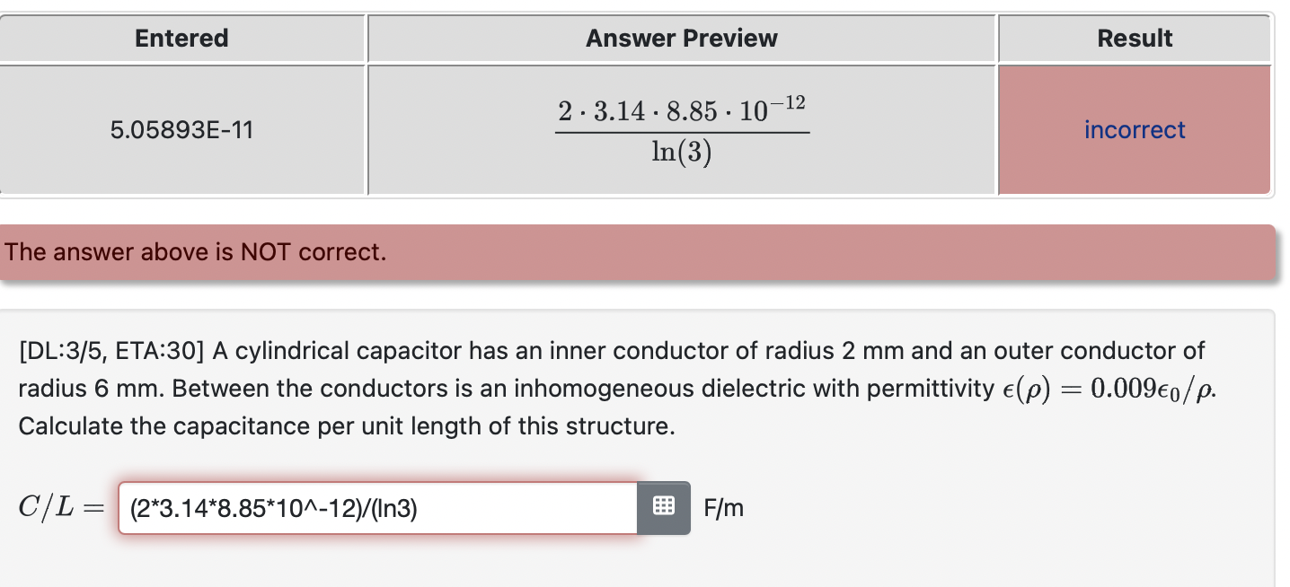 Solved [DL:3/5, ﻿ETA:30] ﻿A cylindrical capacitor has an | Chegg.com