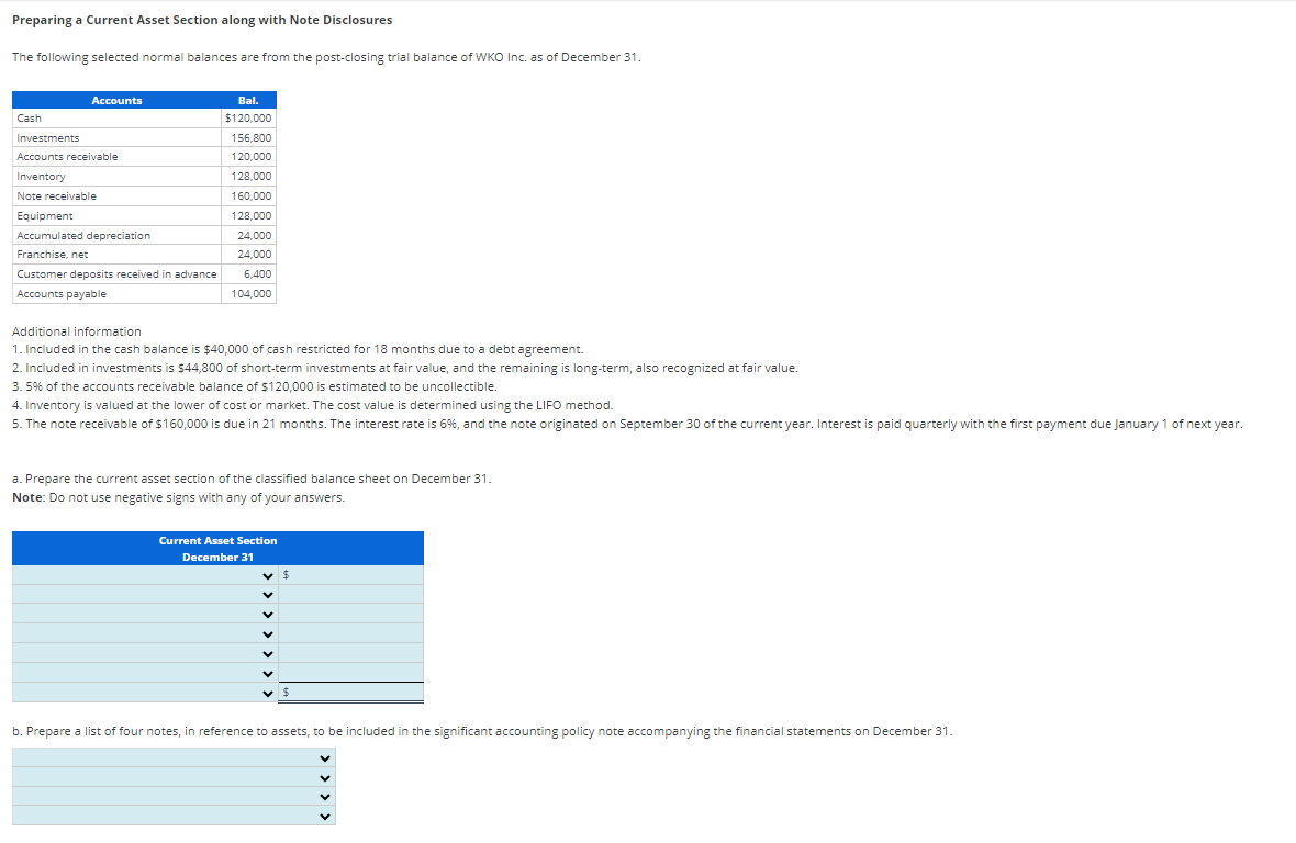 Solved Preparing a Current Asset Section along with Note | Chegg.com