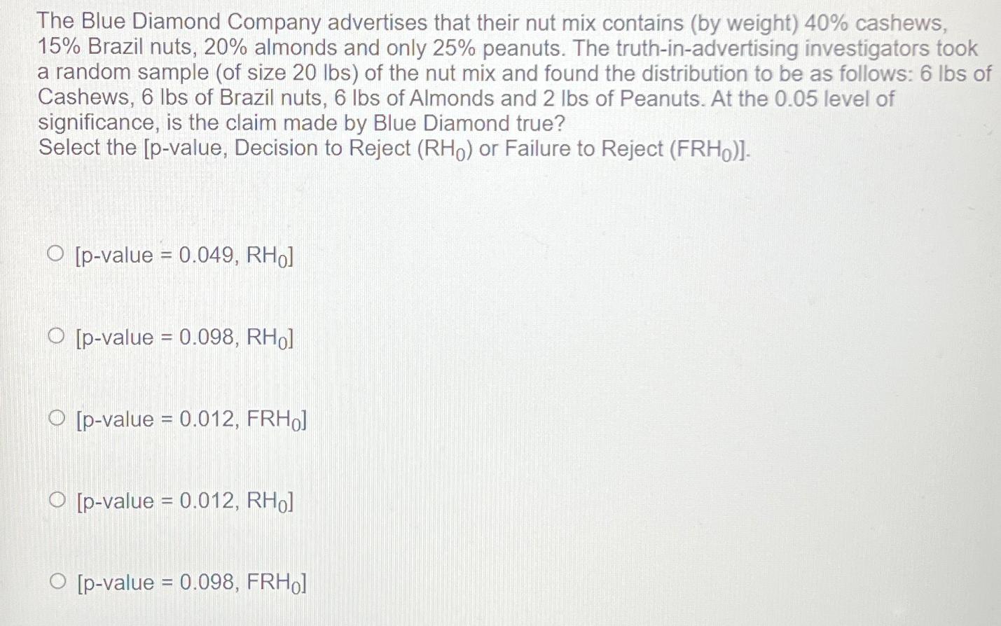Solved The Blue Diamond Company advertises that their nut | Chegg.com