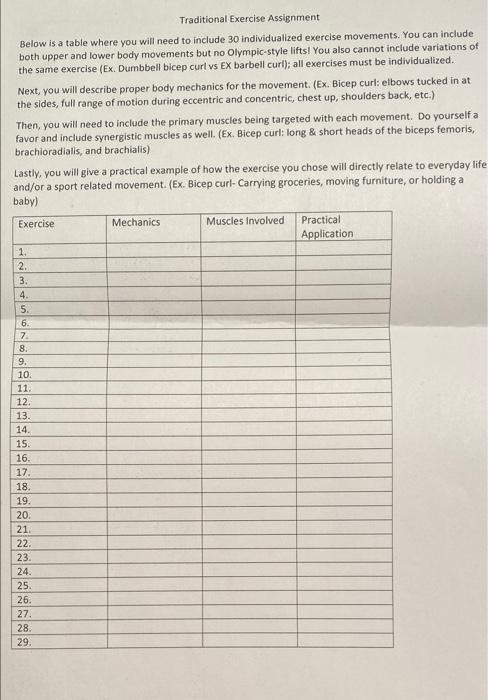 Traditional Exercise Assignment Below is a table | Chegg.com