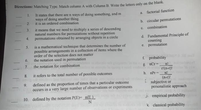 Solved Directions: Matching Type. Match column A with Column | Chegg.com