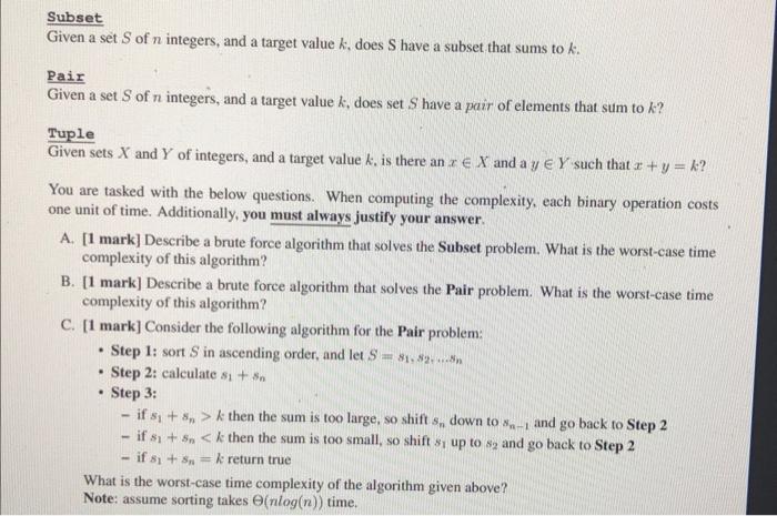 Solved Given a set S of n integers, and a target value k, | Chegg.com