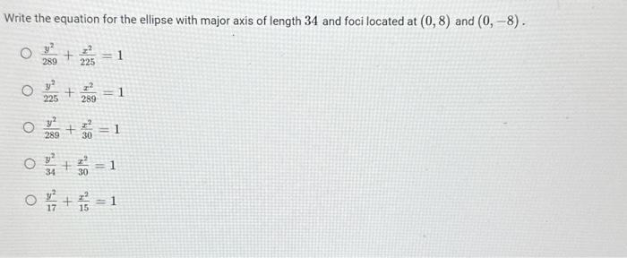 [Solved]: Write the equation for the ellipse with major axi