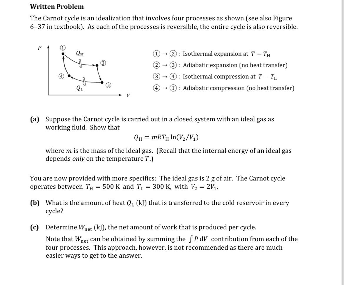 Solved Written ProblemThe Carnot cycle is an idealization | Chegg.com