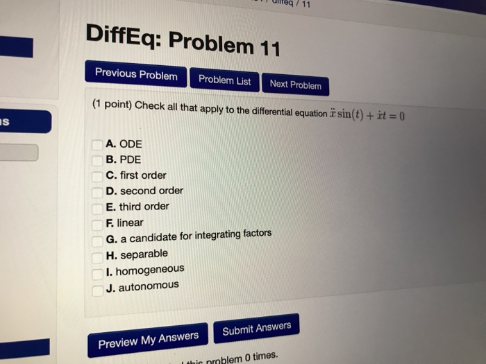 Solved illleq/11 DiffEq: Problem 11 Previous Problem Problem | Chegg.com