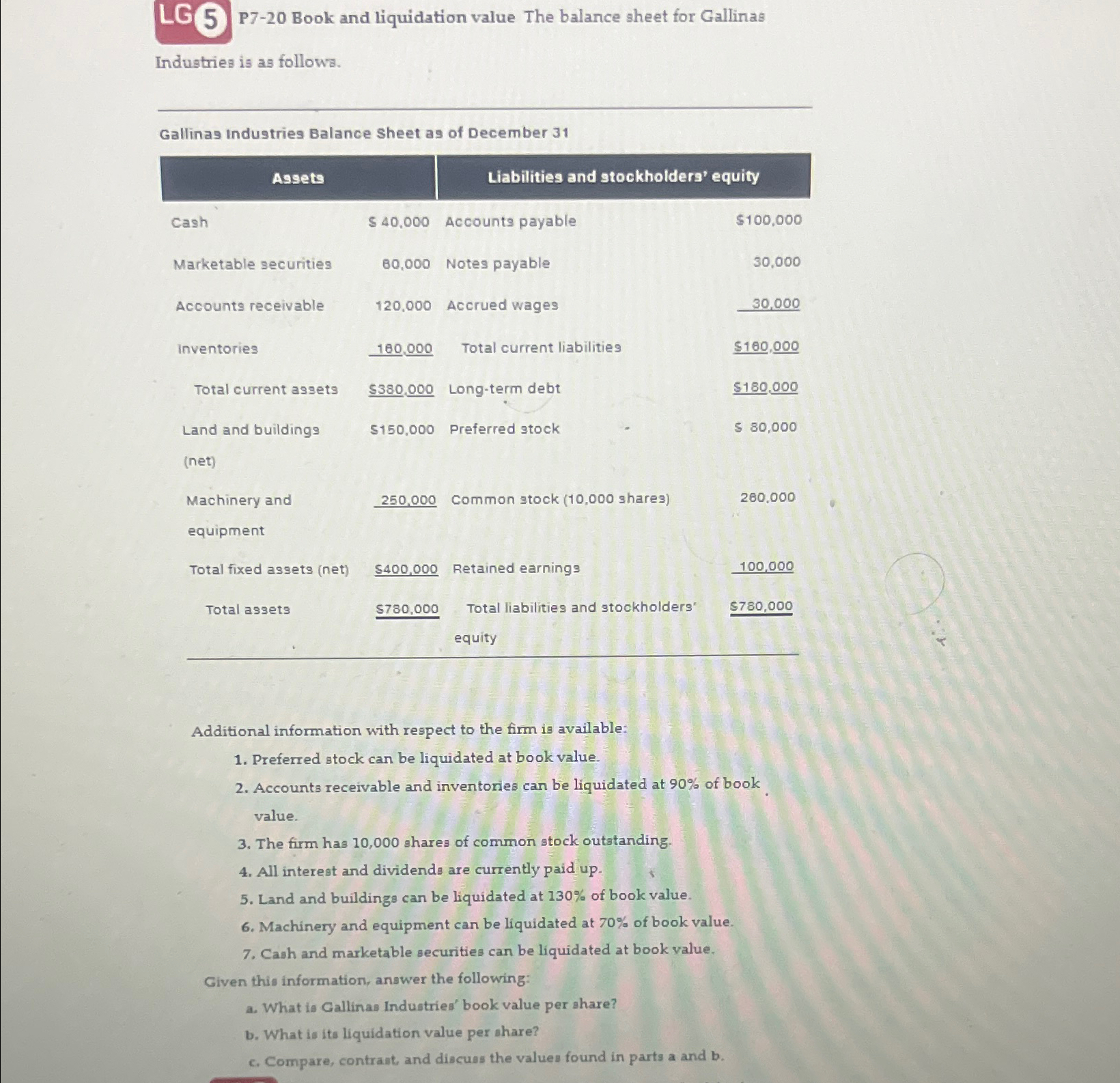 Solved LG (5) ﻿P7-20 ﻿Book and liquidation value The balance | Chegg.com
