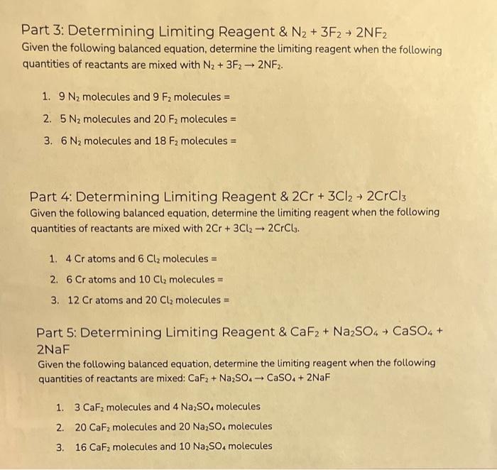 Solved Part 3: Determining Limiting Reagent & N2+3 F2+2NF2 | Chegg.com