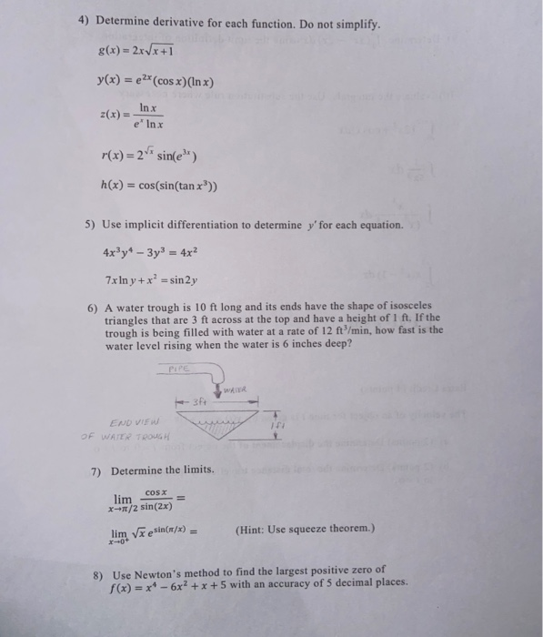 Solved 4) Determine derivative for each function. Do not | Chegg.com