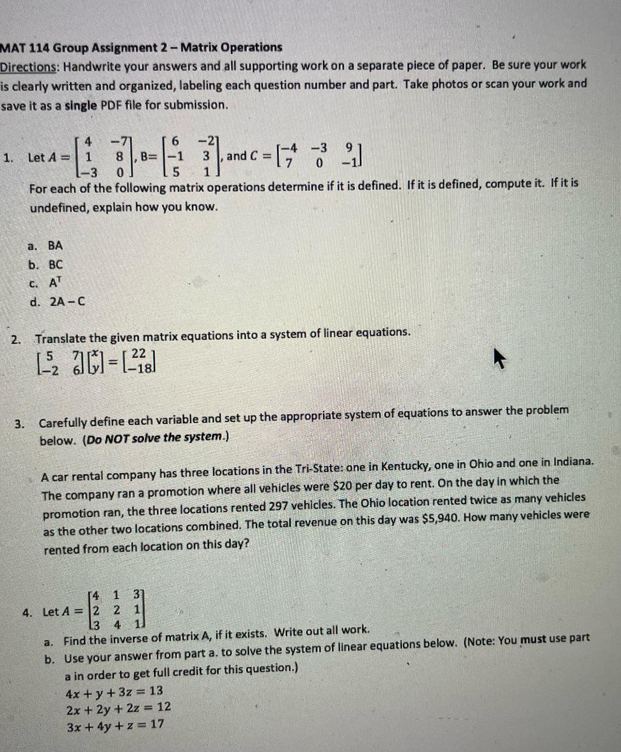 Solved MAT 114 ﻿Group Assignment 2 - ﻿Matrix | Chegg.com