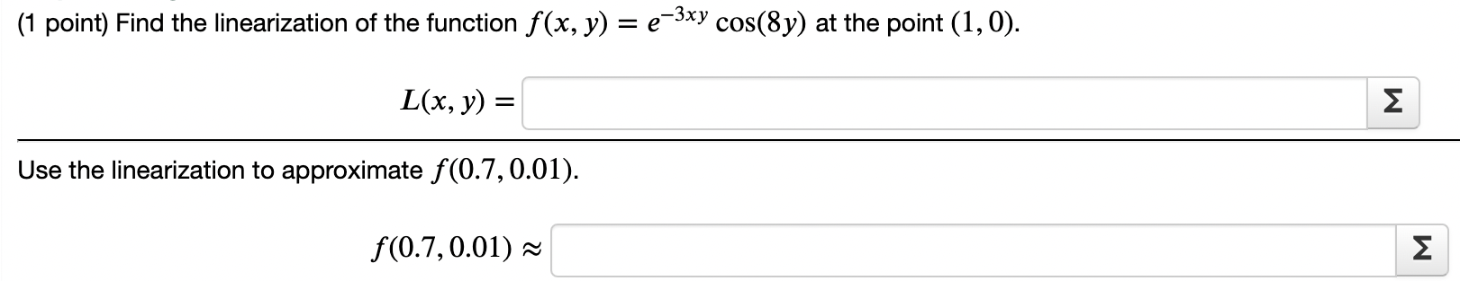 Solved (1 ﻿point) ﻿Find the linearization of the function | Chegg.com