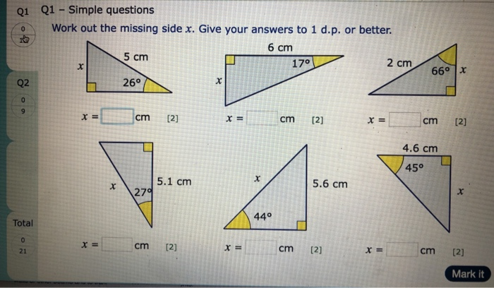 Solved 0 Q1 Q1 - Simple questions Work out the missing side | Chegg.com