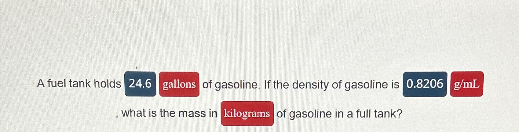 Solved A fuel tank holds 24.6 ﻿of gasoline. If the density | Chegg.com