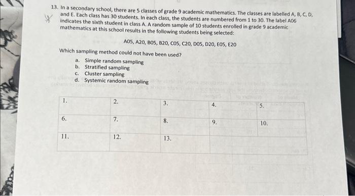 Solved 13. In a secondary school, there are 5 classes of | Chegg.com