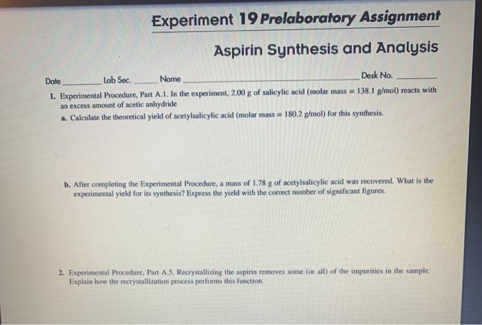 Solved Experiment 19 Prelaboratory Assignment Aspirin | Chegg.com