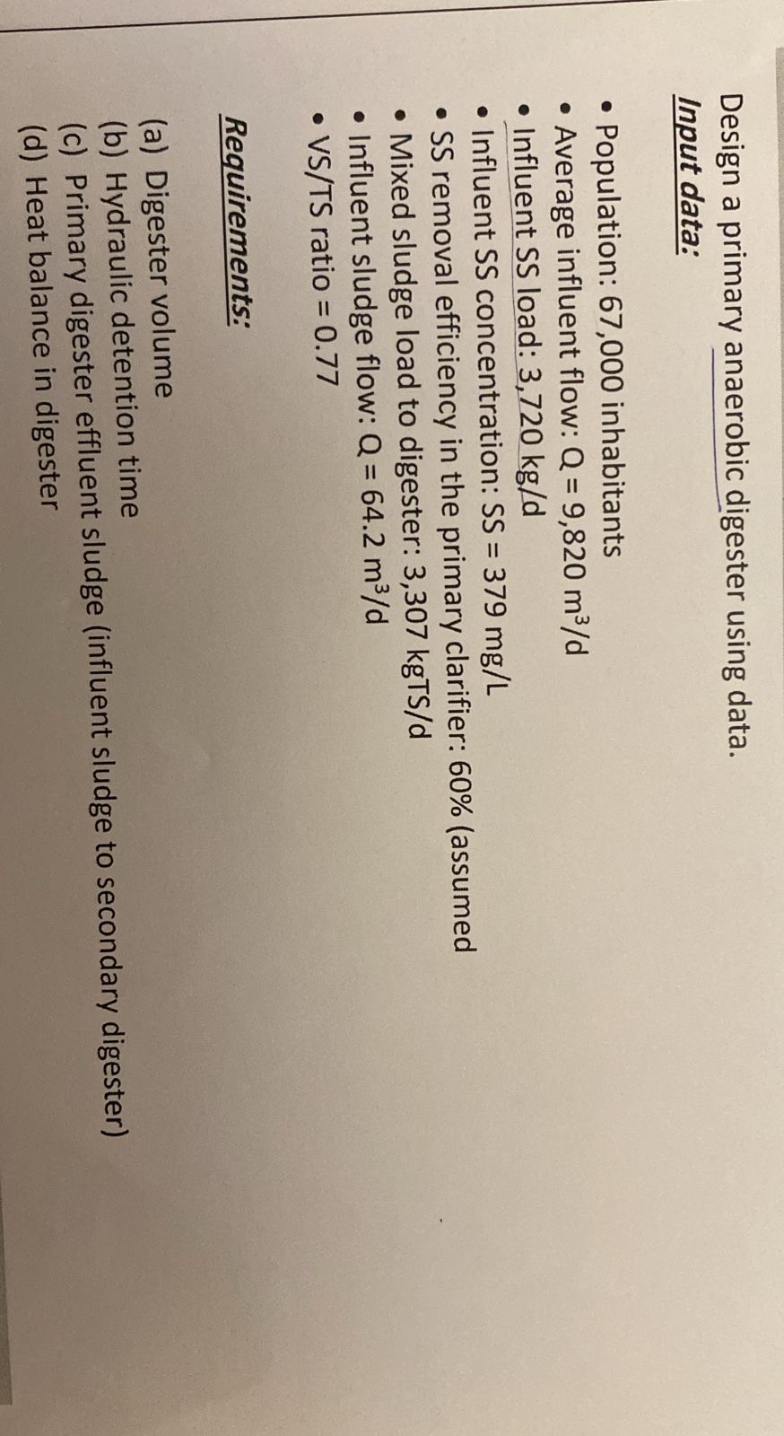 Design a primary anaerobic digester using data.Input | Chegg.com