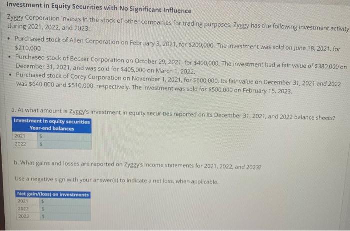 Solved Investment in Equity Securities with No Significant | Chegg.com