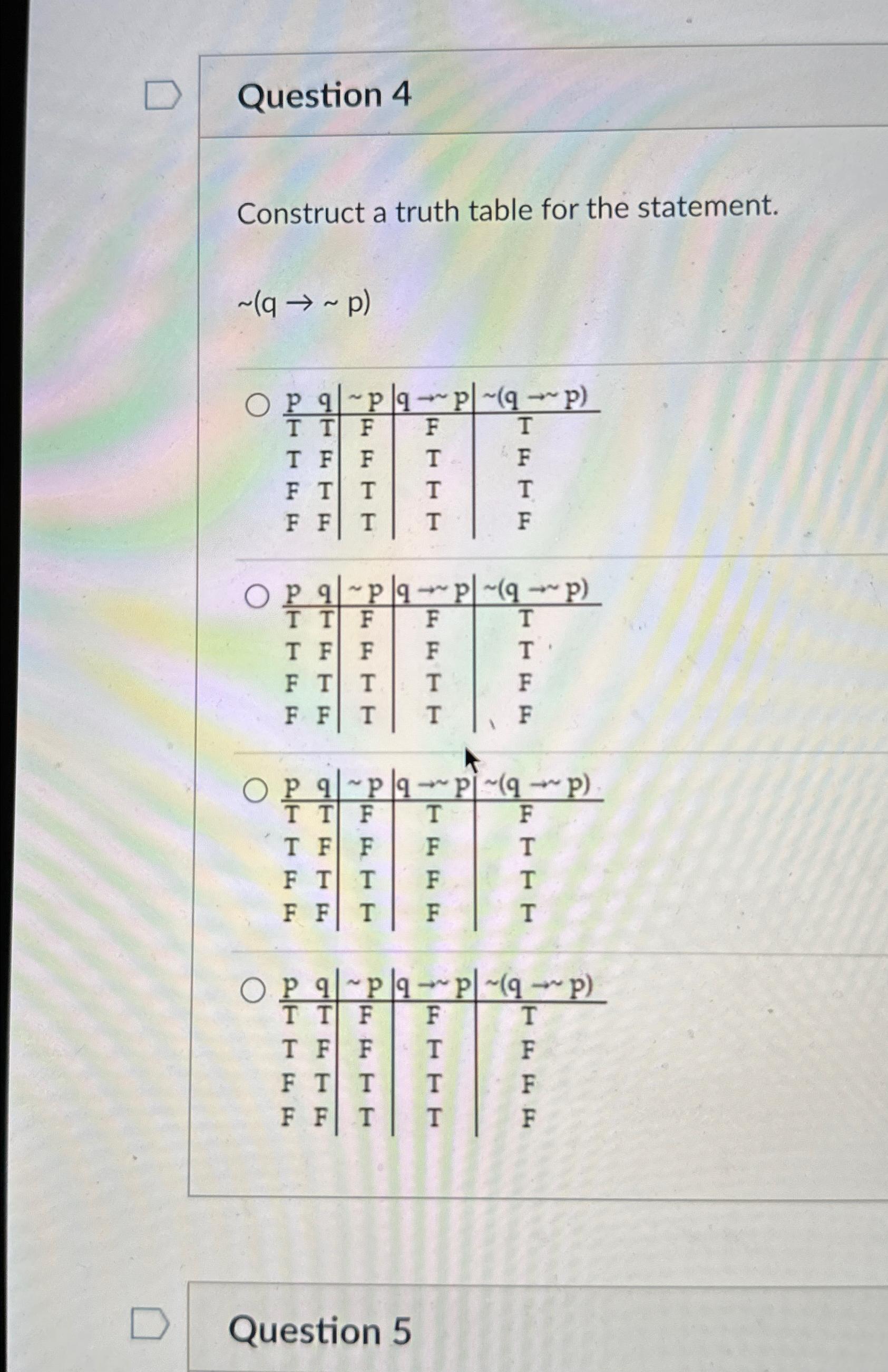 Solved Question 4Construct a truth table for the | Chegg.com