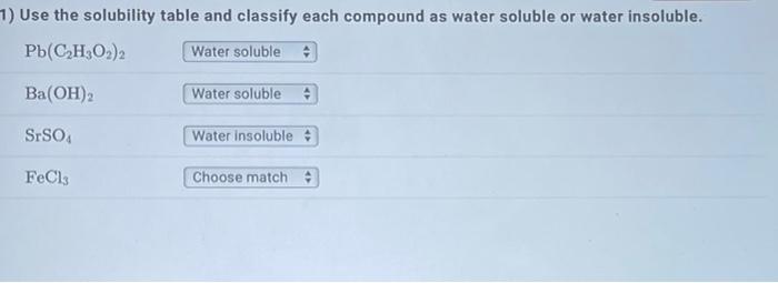 1) Use the solubility table and classify each | Chegg.com