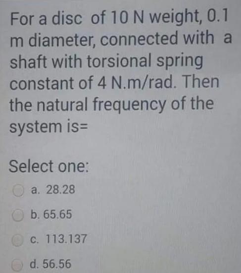 Solved For a disc of 10 N weight, 0.1 m diameter, connected | Chegg.com