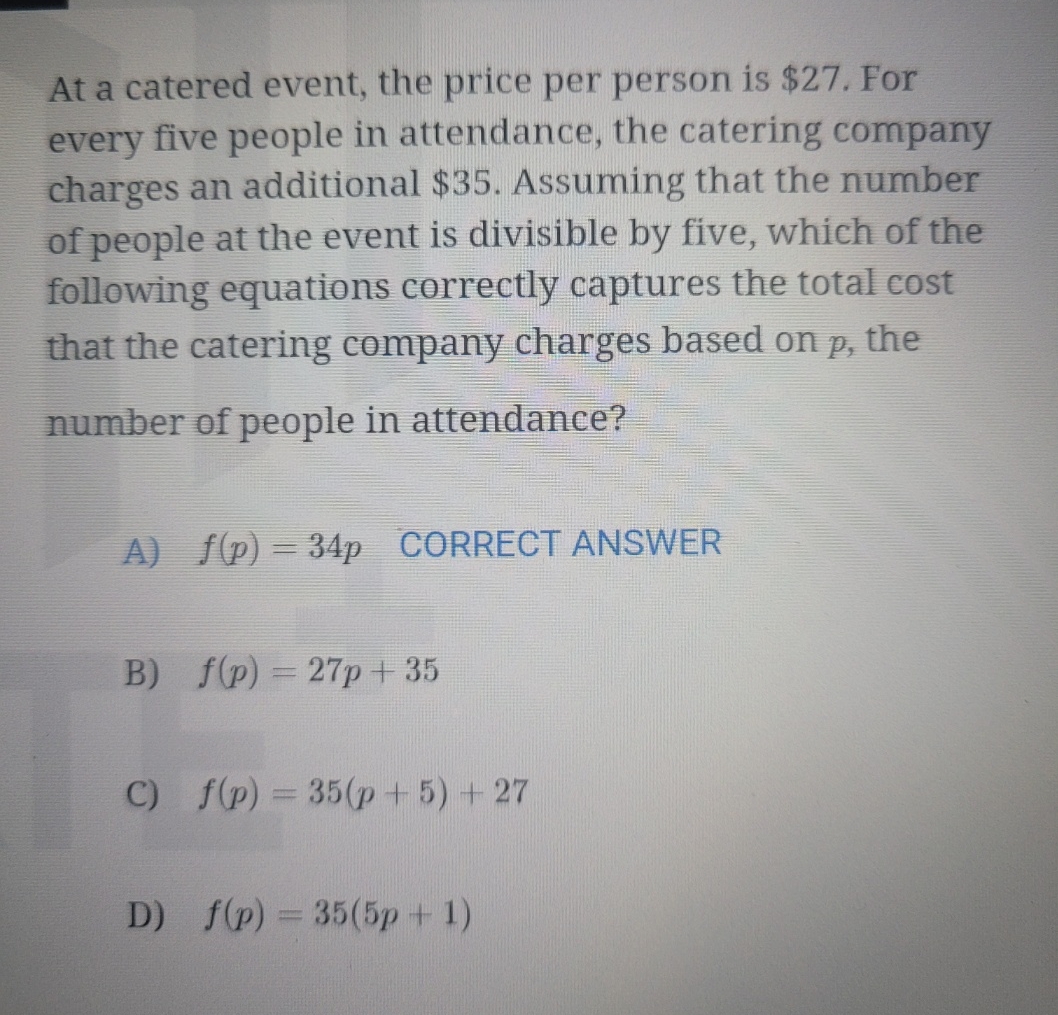 Solved At a catered event, the price per person is $27. ﻿For | Chegg.com