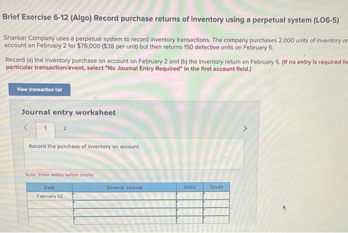 Solved Brief Exercise 6-12 (Algo) Record purchase returns of | Chegg.com