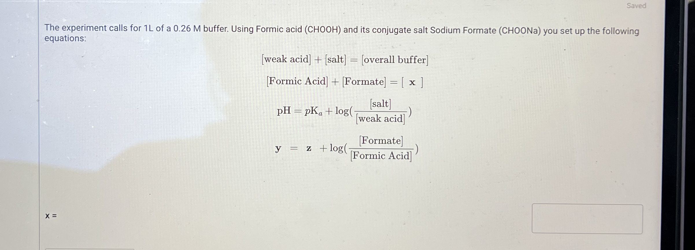 Solved SavedThe experiment calls for 1 ﻿L of a 0.26 ﻿M | Chegg.com