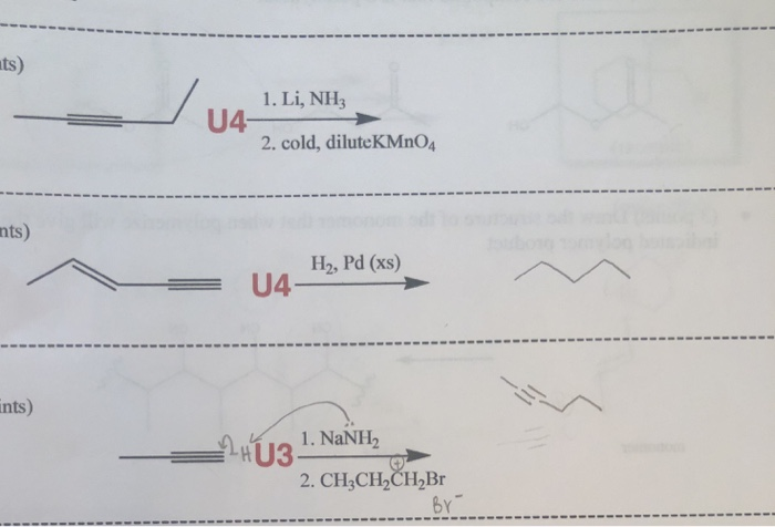 Solved ts) 1. Li, NH3 U4- 2. cold, diluteKMnO4 nts) H2, Pd | Chegg.com