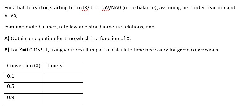 Solved For a batch reactor, starting from dxdt=-raVNAO (mole | Chegg.com