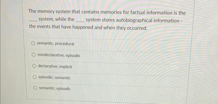 Solved The memory system that contains memories for factual | Chegg.com
